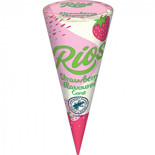 Rios Strawberry flavoured Cone, epres jégkrém 44,6%, és epres szorbé 22,7%, kakaós bevonattal 6 ...