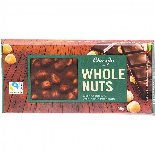 Choco'la Whole Nuts, táblás étcsokoládé pörkölt egész mogyoróval, 50% ...